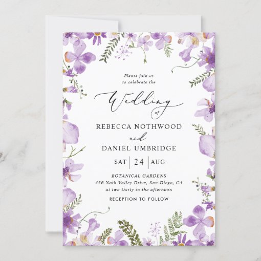 Modern Rustic Purple Flowers Wedding Invitation | Zazzle