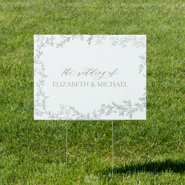 Modern Rustic Sage Green Leafy Frame Wedding Sign | Zazzle