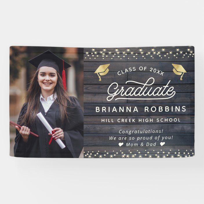 Modern Rustic Script Gold Graduation Photo Wood Banner | Zazzle.com