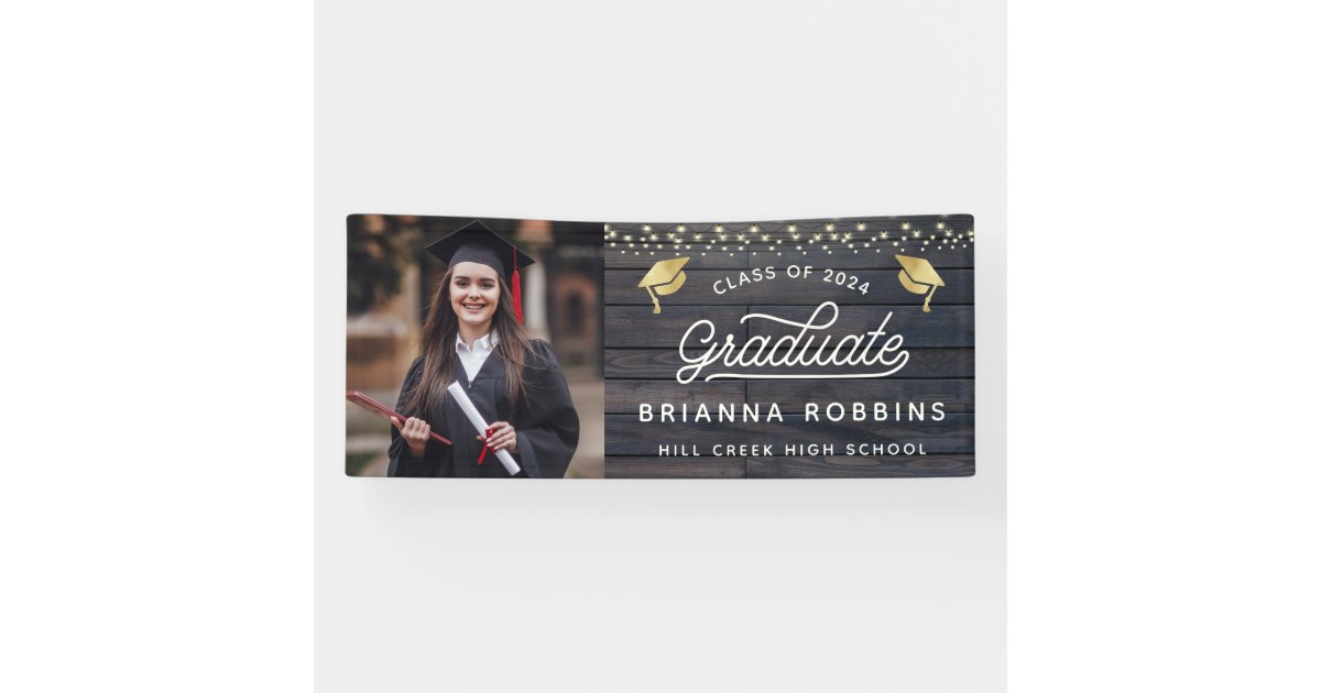Modern Rustic Script Gold Graduation Photo Wood Banner | Zazzle