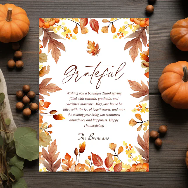 Modern Rustic Thanksgiving Fall Autumn Grateful Holiday Card | Zazzle
