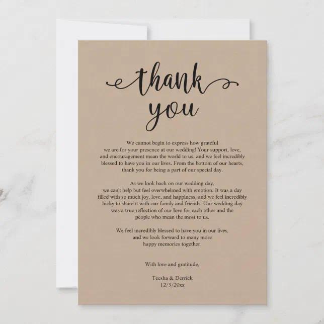 Modern Rustic Wedding Thank you, Brown Kraft Card | Zazzle