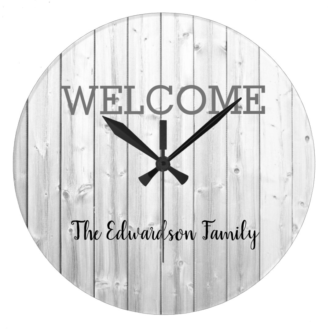 Modern rustic welcome Family name gray shiplap Large Clock | Zazzle