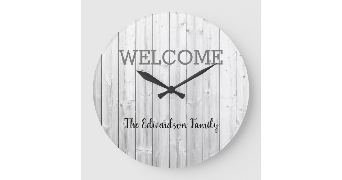 Modern rustic welcome Family name gray shiplap Large Clock | Zazzle