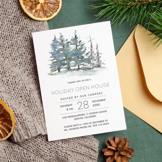 Modern rustic winter forest holiday open house invitation | Zazzle