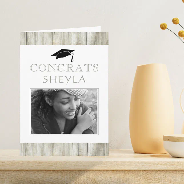Modern Rustic Wood Congrats Graduation Photo Card | Zazzle