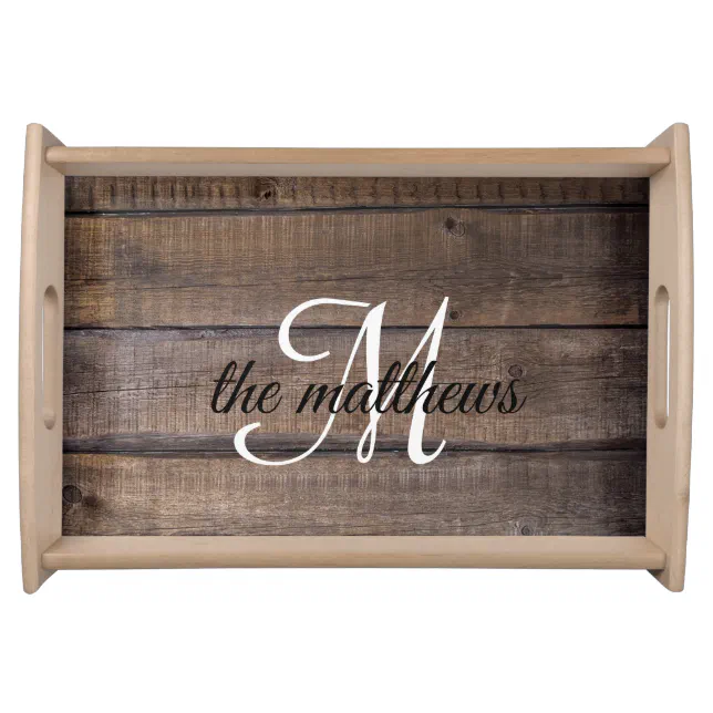 Modern Rustic Wood Monogram Name Custom Serving Tray | Zazzle