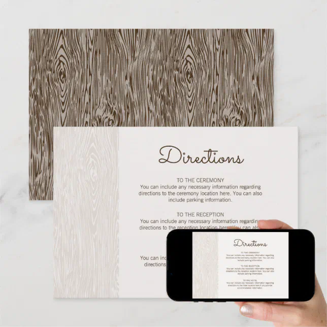Modern Rustic Woodgrain Wedding Directions Card | Zazzle