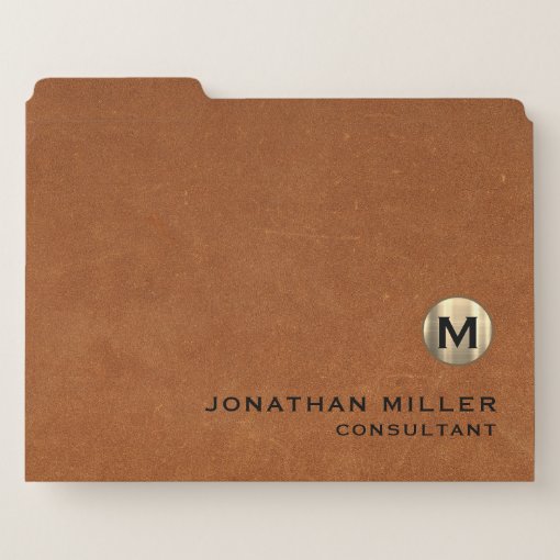 Modern Sable Brown Leather Gold Monogram File Folder | Zazzle