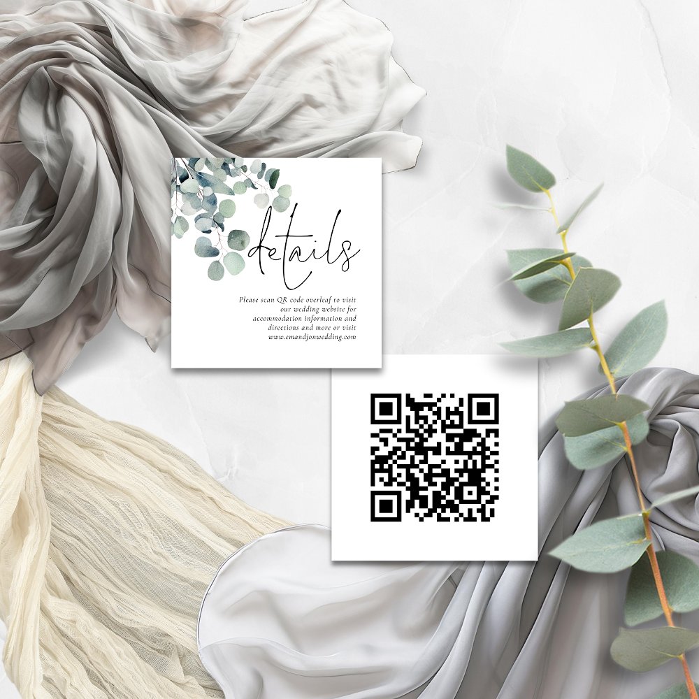 Modern Sage Eucalyptus QR Code Wedding Details Enclosure Card - Snuggle ...