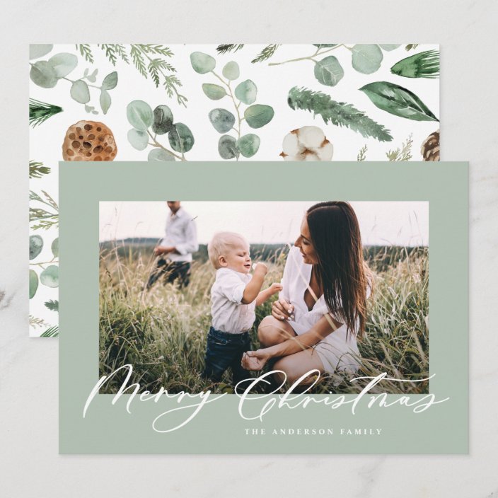 Modern sage green 1 photo Christmas elegant script Holiday Card | Zazzle