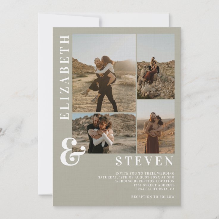 Modern sage green ampersand 5 photo grid wedding invitation | Zazzle