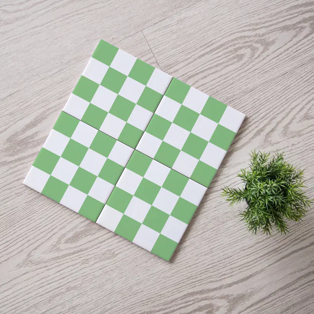 Modern Sage Green and White Checkered Ceramic Tile | Zazzle