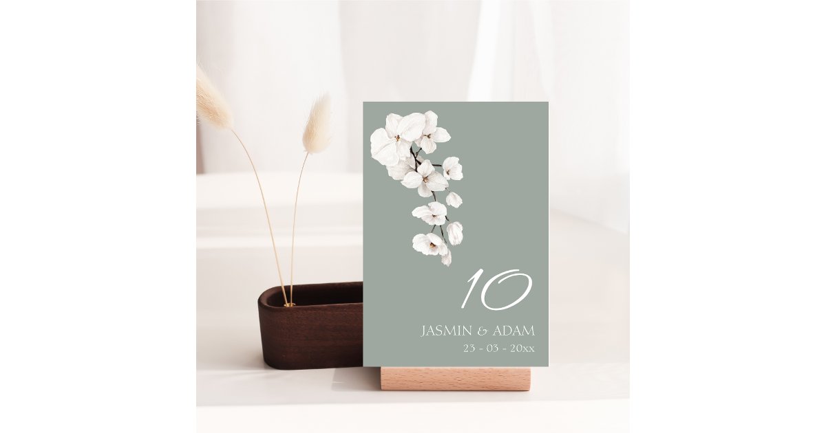 Modern Sage Green and White Orchids Wedding Table Number | Zazzle