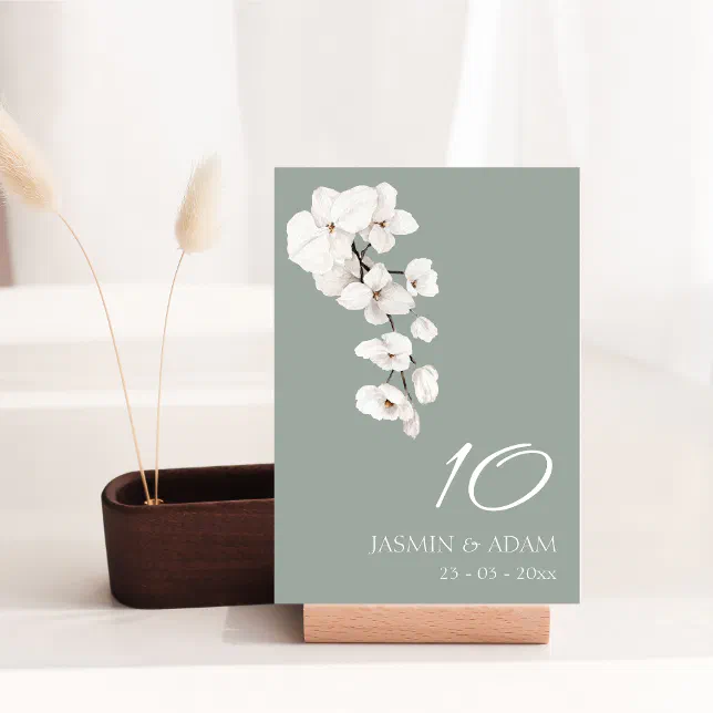 Modern Sage Green and White Orchids Wedding Table Number | Zazzle
