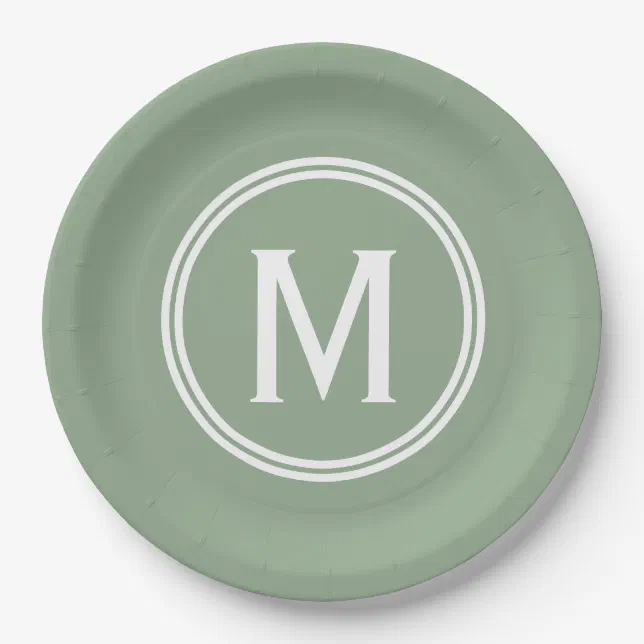 Modern Sage Green Custom Round Framed Monogram Paper Plates | Zazzle