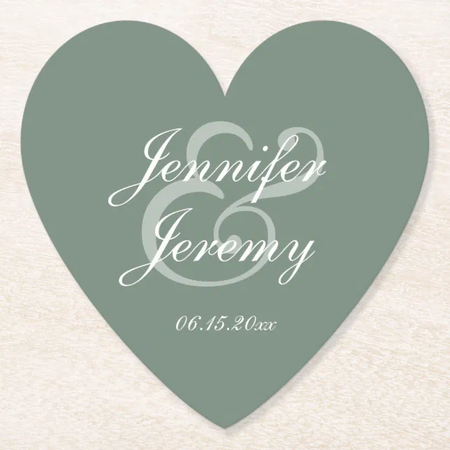 Modern Sage Green Elegant White Script Wedding Paper Coaster | Zazzle