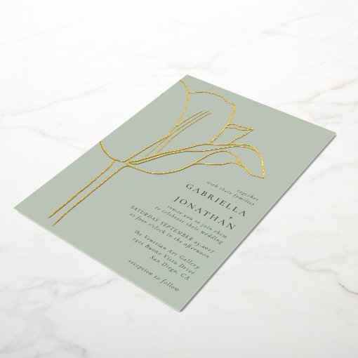 Modern Sage Green Gold Tulip Wedding Foil Invitation | Zazzle