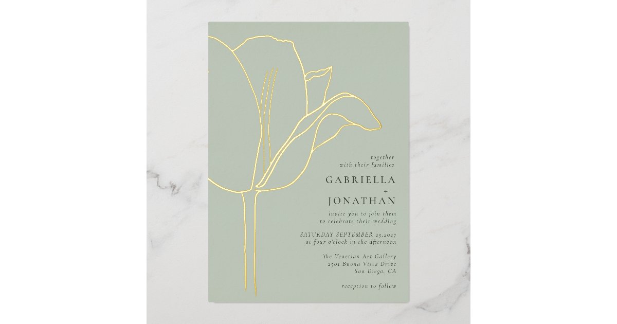 Modern Sage Green Gold Tulip Wedding Foil Invitation | Zazzle