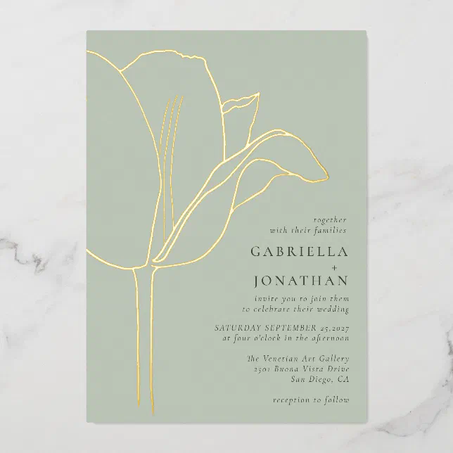 Modern Sage Green Gold Tulip Wedding Foil Invitation | Zazzle