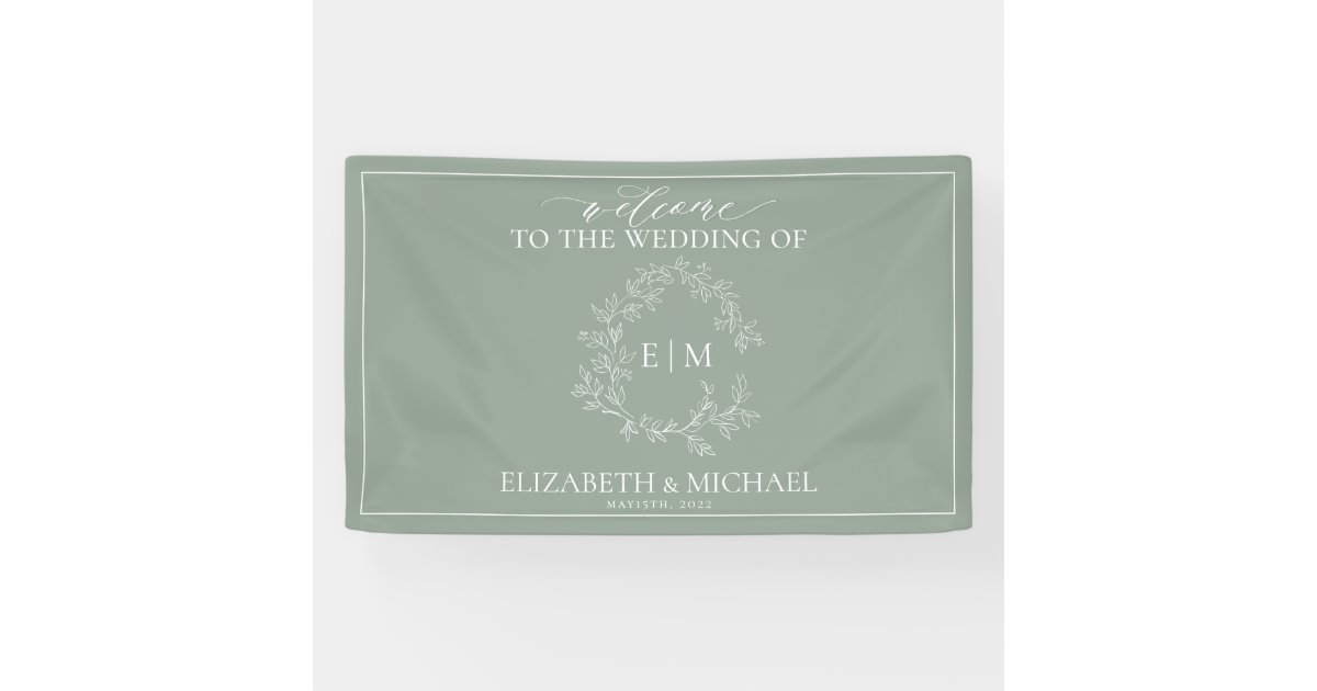 Modern Sage Green Leafy Crest Monogram Wedding Ban Banner | Zazzle