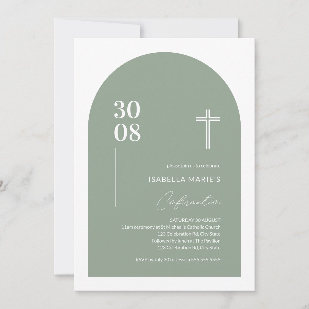 Modern Sage Green Minimalist Arch Confirmation Inv Invitation | Zazzle