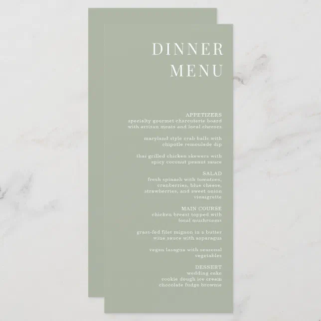 Modern Sage Green Minimalist Dinner Menu | Zazzle