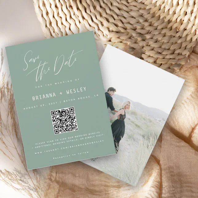 Modern Sage Green QR Code Photo Save The Date | Zazzle