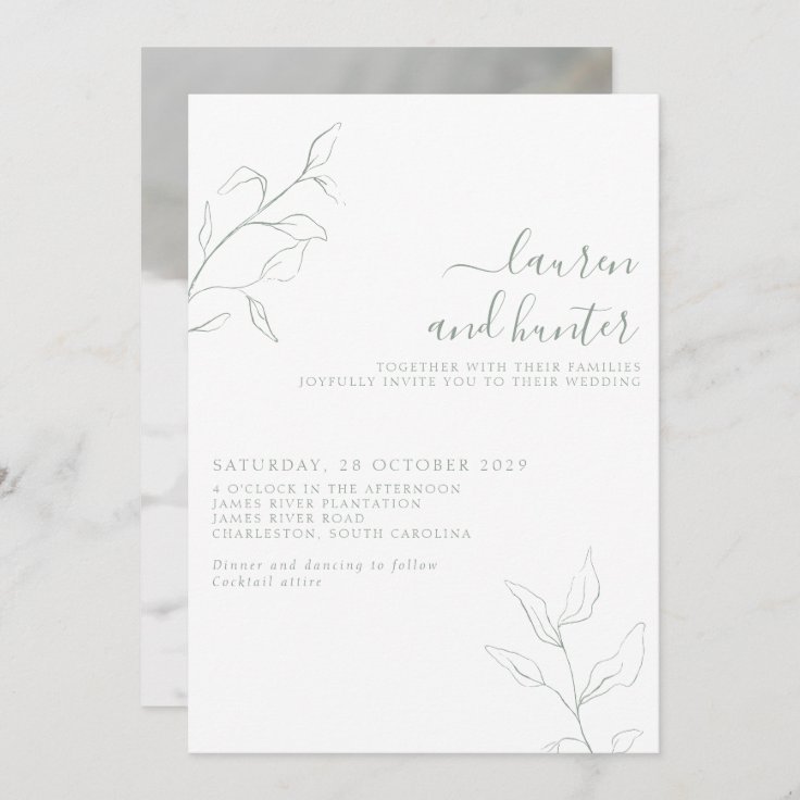 Modern Sage Green Script Botanical Photo Wedding Invitation | Zazzle