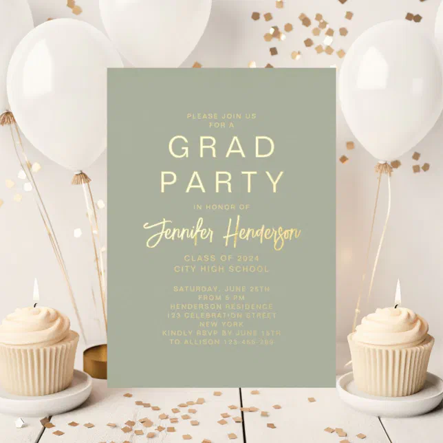 Modern Sage Green Script Graduation Party Gold Foil Invitation | Zazzle