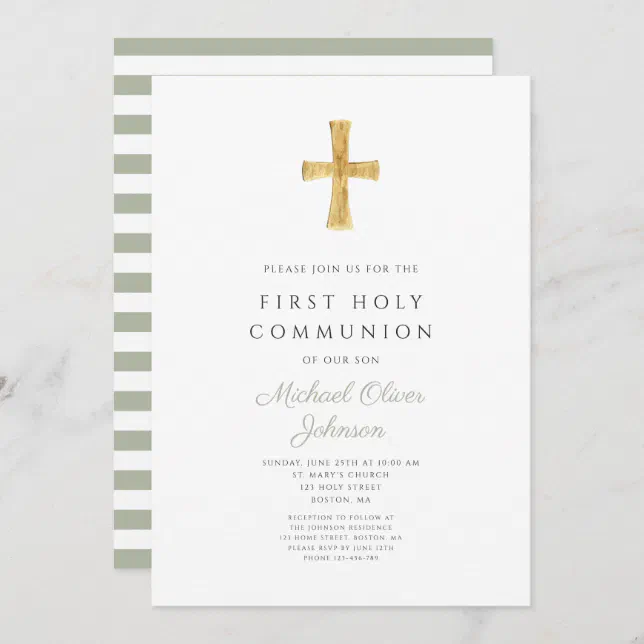 Modern Sage Green Stripes Cross First Communion Invitation | Zazzle