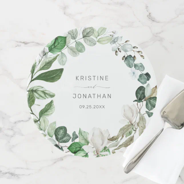 Modern Sage Greenery Wreath White Floral Wedding Cake Stand | Zazzle
