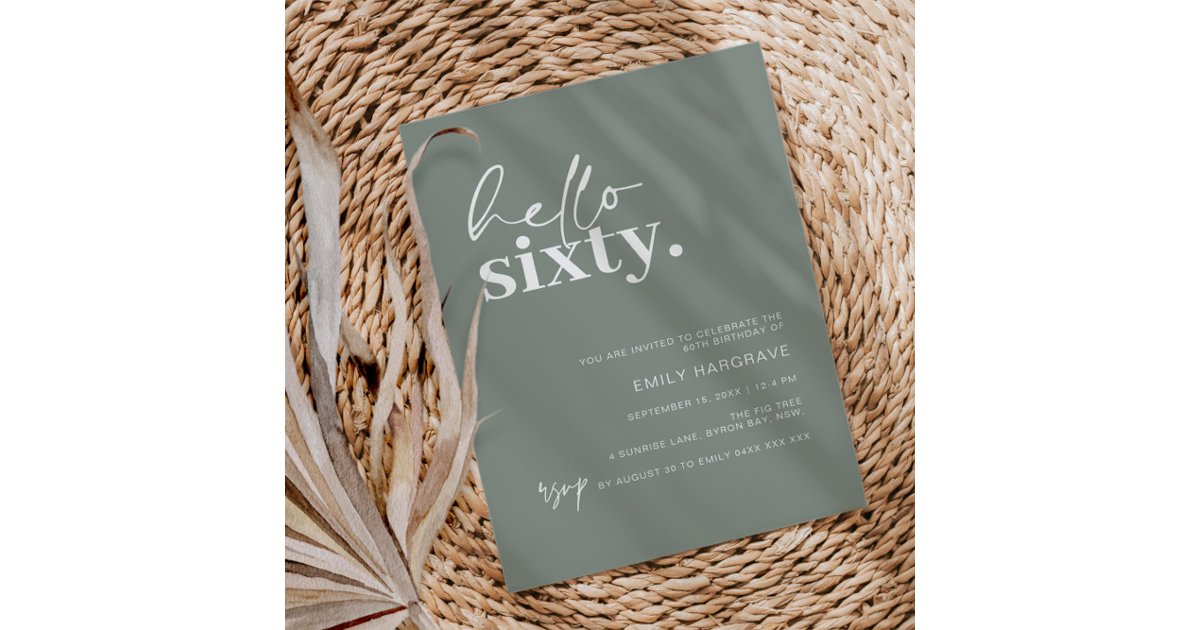 Modern Sage Hello Sixty 60th Birthday Party Invitation | Zazzle