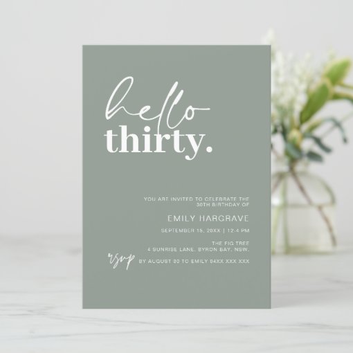 Modern Sage Hello Thirty 30 Birthday Party Invitation | Zazzle