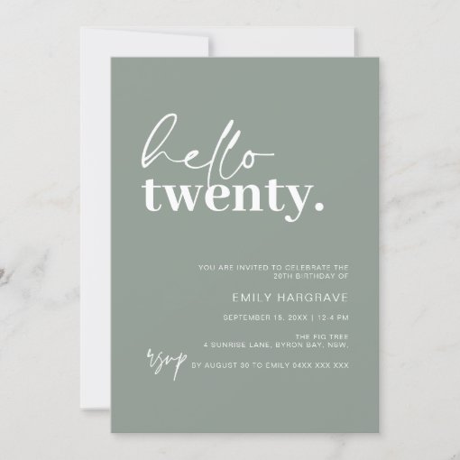 Modern Sage Hello Twenty 20th Birthday Party Invitation | Zazzle