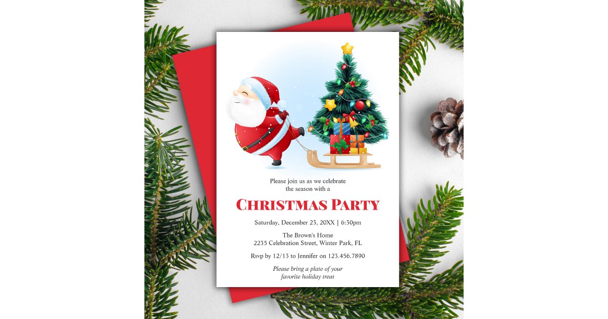 Modern Santa Christmas Tree Holiday Party Invitation | Zazzle
