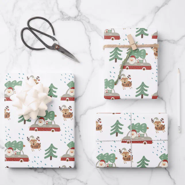 Modern Santa Claus Snowy Forrest Christmas Wrapping Paper Sheets | Zazzle