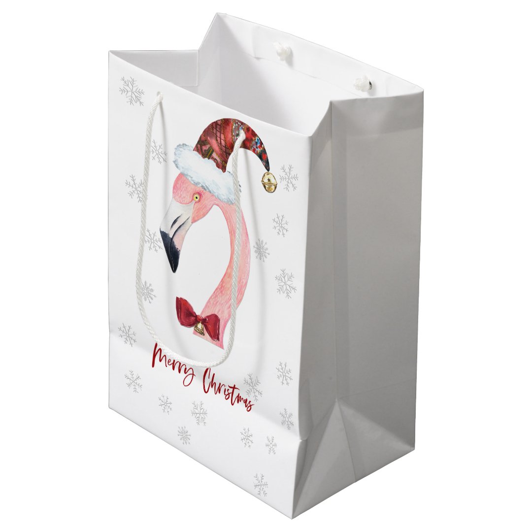 Modern Santa Flamingo Snowflake Christmas Medium Gift Bag | Zazzle