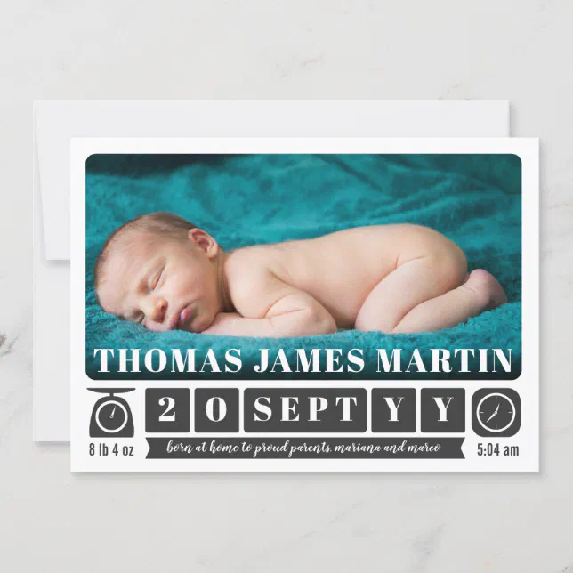 Modern Scale and Clock Photo Birth Announcement | Zazzle