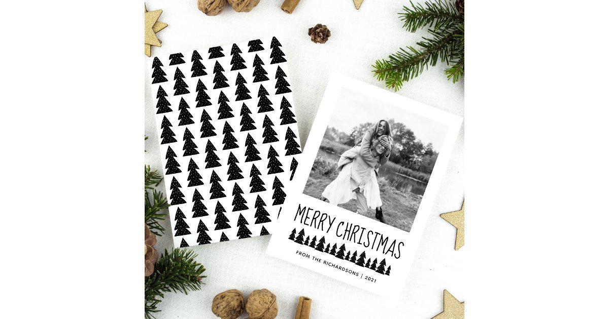 Modern Scandi Trees Black & White Merry Christmas Holiday Card | Zazzle