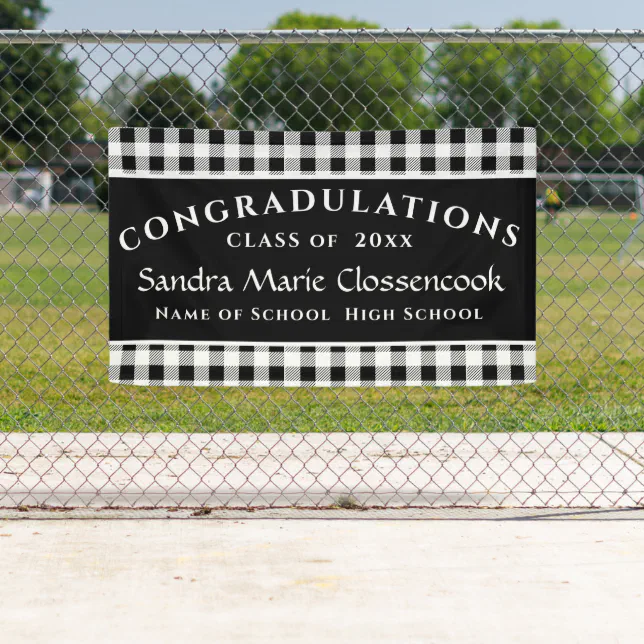 Modern School Graduation Black White Buffalo plaid Banner | Zazzle