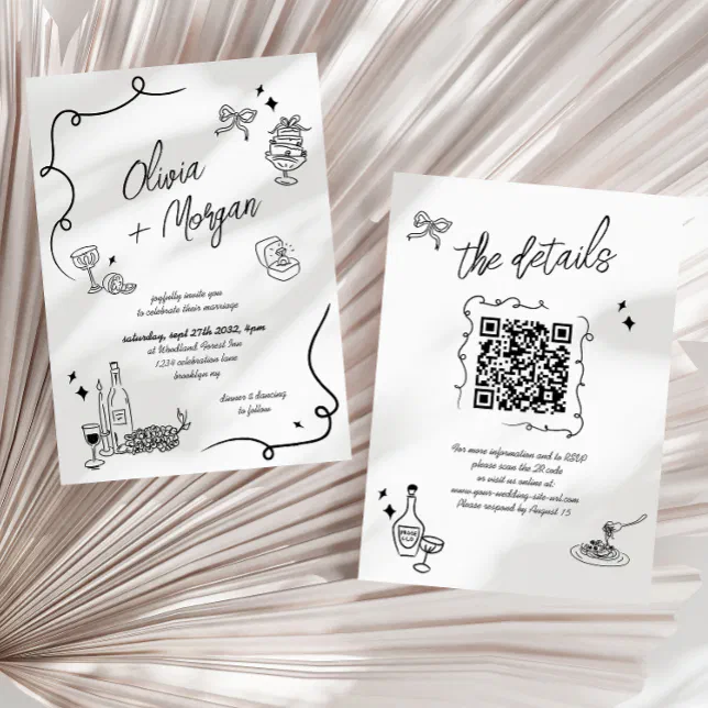 Modern Scribble Doodle QR Code Wedding Invitation | Zazzle