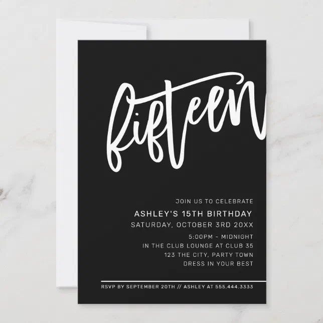 MODERN SCRIPT 15th birthday party black white Invitation | Zazzle