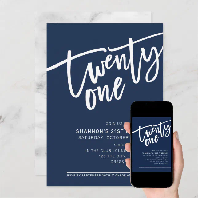 MODERN SCRIPT 21st birthday party dark navy blue Invitation | Zazzle