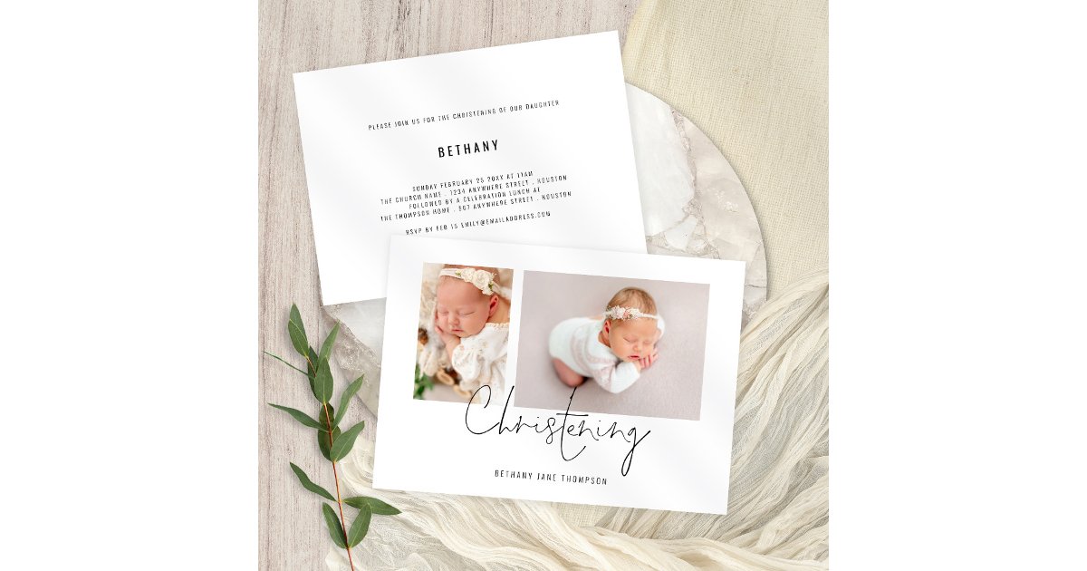 Modern Script 2 Photos Christening Invitation | Zazzle