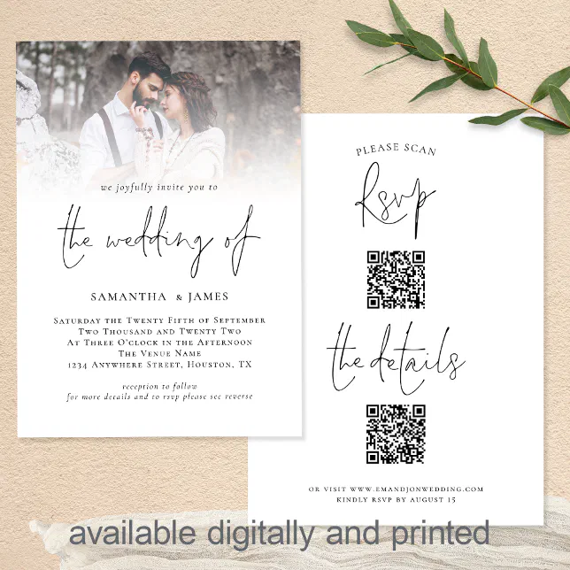 Modern Script 2 QR Codes Photo Wedding All in One Invitation | Zazzle