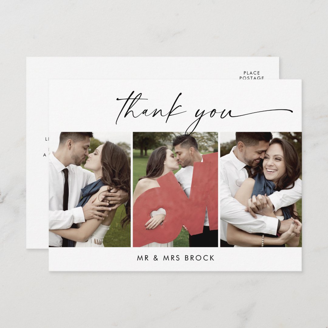 Modern Script 3 Photo Template Thank You Postcard | Zazzle