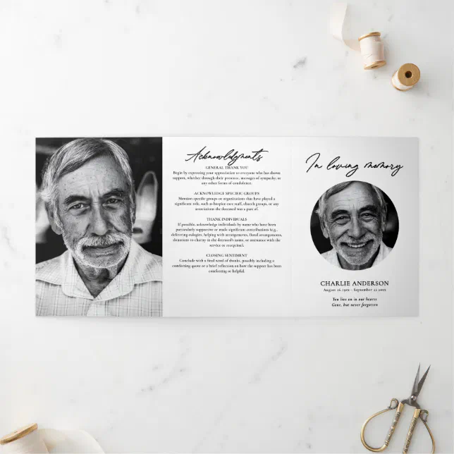 Modern Script 3-Photo Trifold Funeral Program | Zazzle