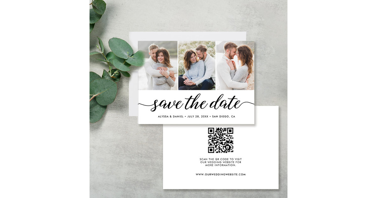 Modern Script 3 Photos QR CODE Wedding website Save The Date | Zazzle