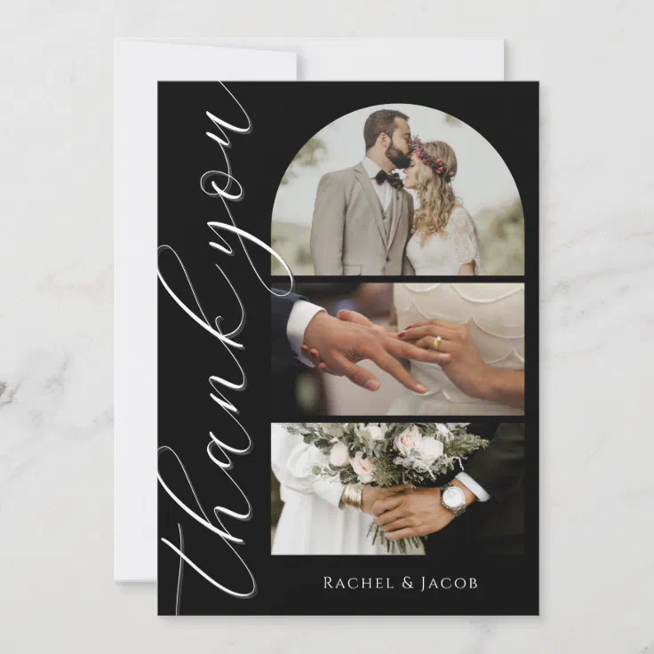 Modern Script 4-Photo Collage Arch Wedding Thank You Card | Zazzle